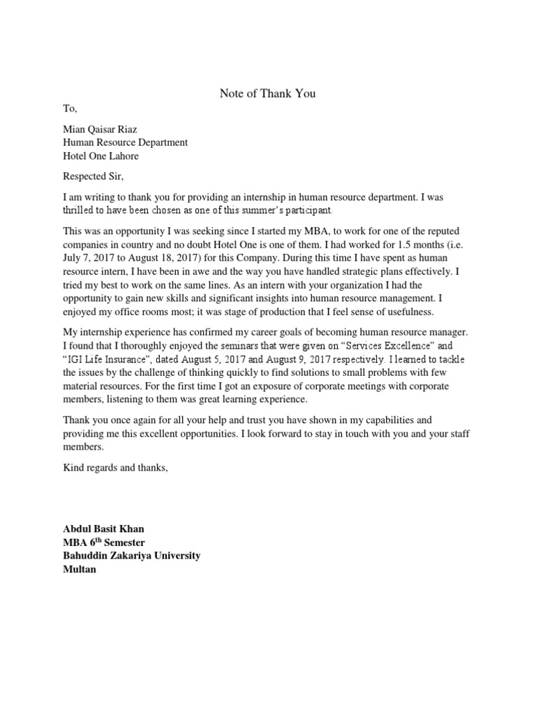 Note of Thank You For Internship | PDF | Psychological Concepts ...