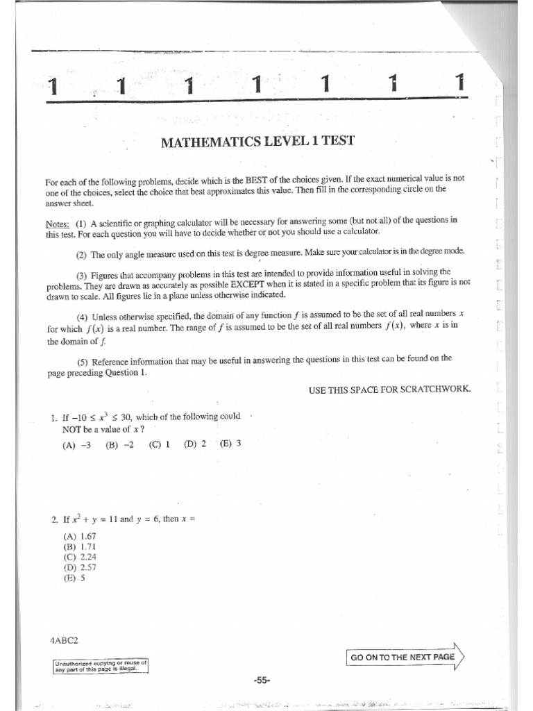 Collegeboard SAT Mathematics Level 1 - Form 4ABC2 (Achievement Test) | PDF