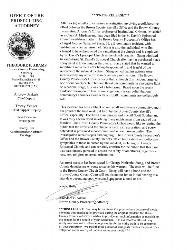 George Nathaniel Stang Affidavit For Probable Cause (2017) | PDF