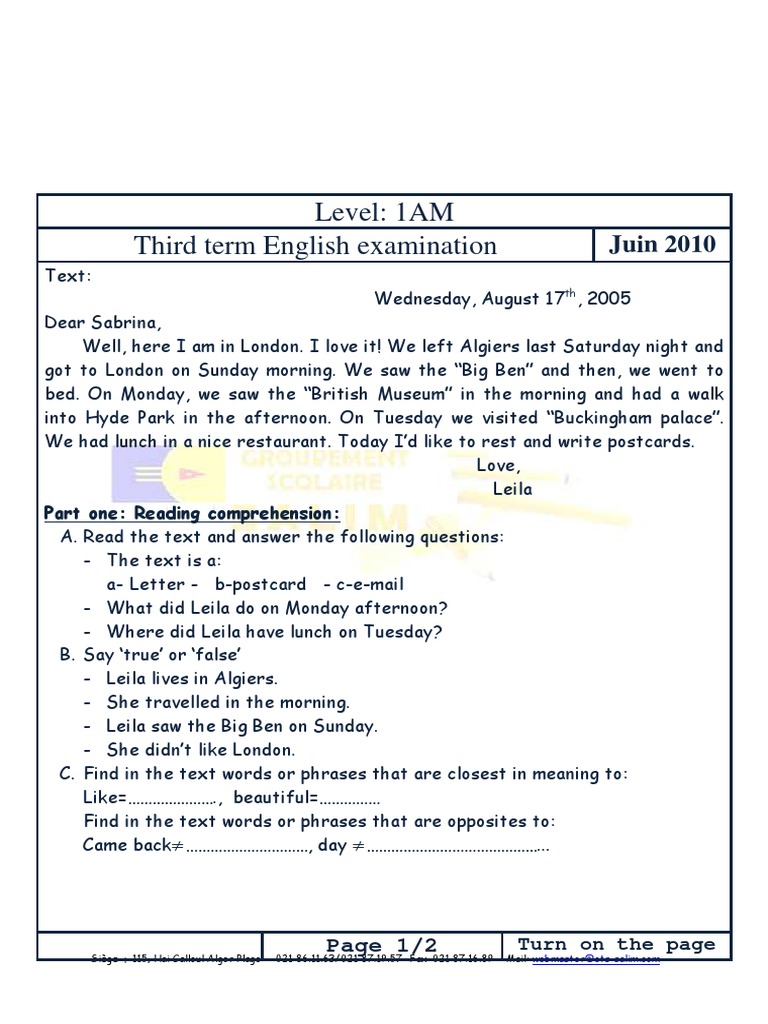Examen Anglais 2010 1AM T3 | PDF