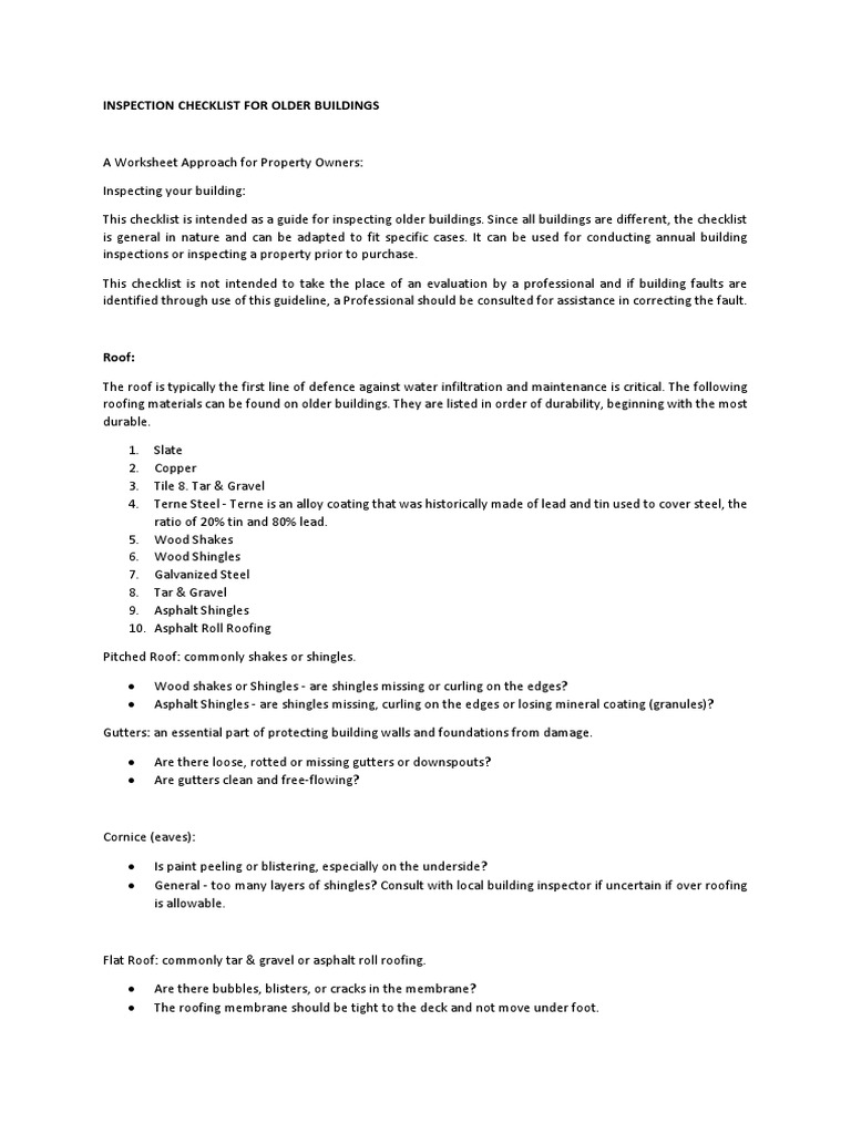 Inspection Checklist For Older Buildings | PDF | Roof | Basement