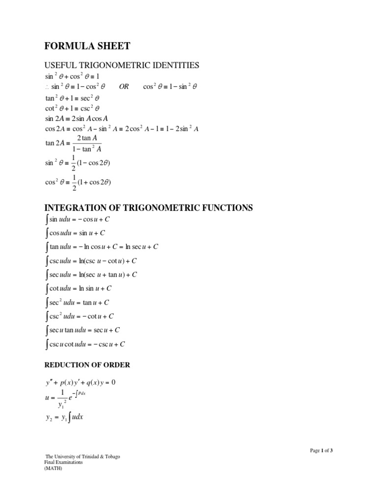 Formula Sheet: Useful Trigonometric Identities | PDF | Trigonometric Functions | Combinatorics