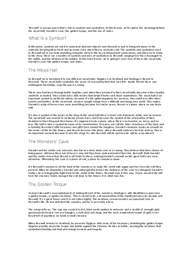 Symbols and Symbolism in Beowulf: Mead Halls, Caves, Torques and Water ...