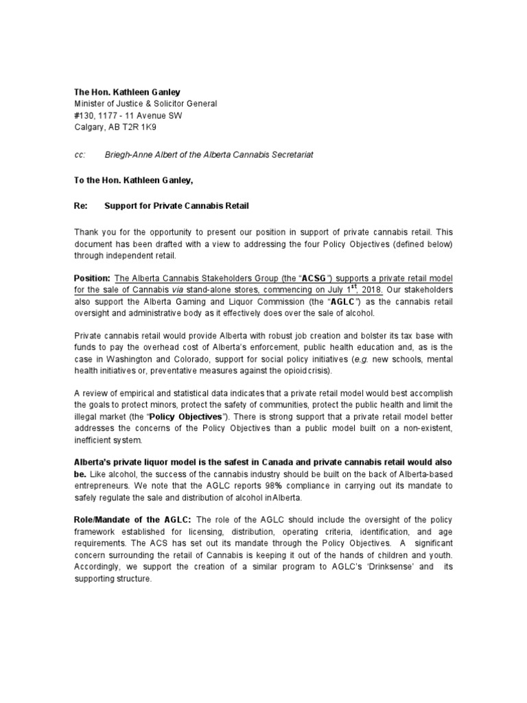 Letter to Provincial Authorities - ACSG - Private Retail | Alberta | Taxes