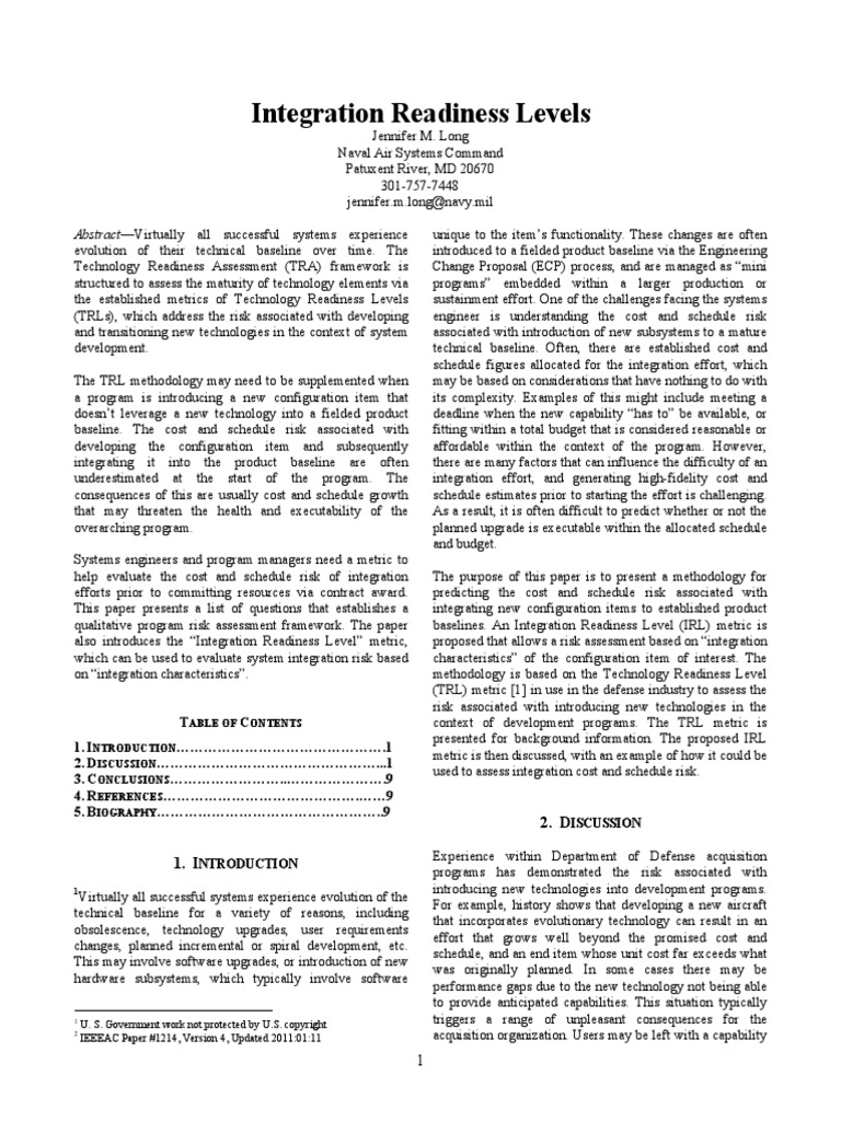 Integration Readiness Levels: Abstract-Virtually All Successful Systems ...