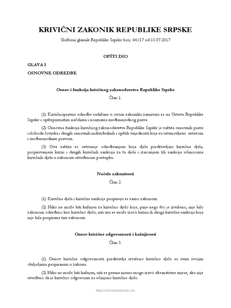 Krivicni Zakonik Republike Srpske 2017 | PDF