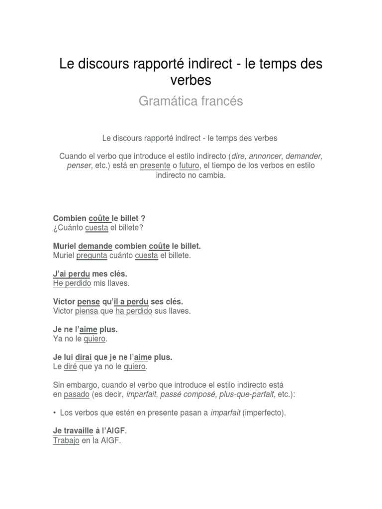 Le Discours Rapporté Indirect | PDF | Verbo | Conjugación gramatical