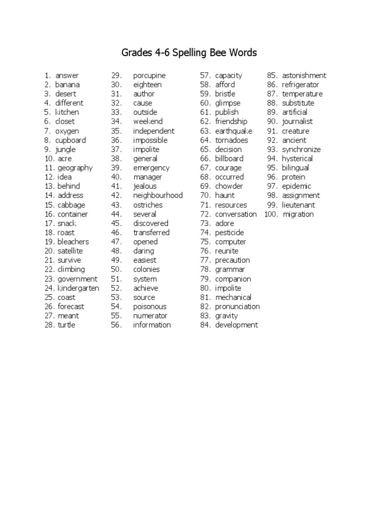 Spelling Bee Words GR 4 To 6 | PDF