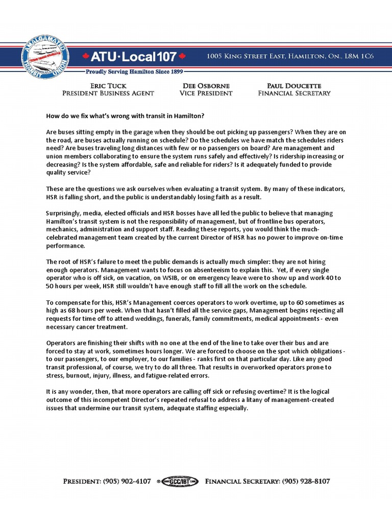 Transit Worker's Union Letter | PDF | Bus | Overtime
