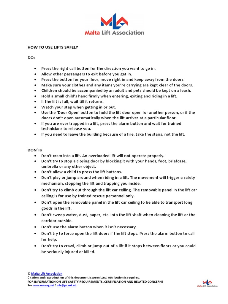 How To Use Lift Safely Malta Lift Association Guidelines | PDF ...