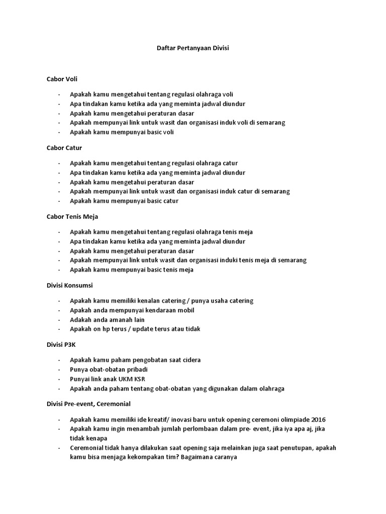Contoh Daftar Pertanyaan Divisi | PDF
