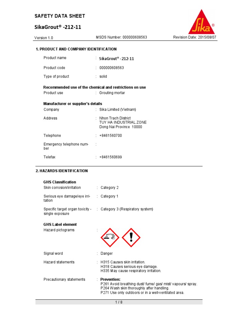 Msds Sikagrout 212-11 - Eng | PDF | Chemistry | Safety