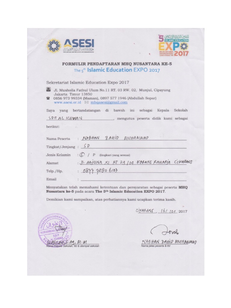 Formulir Pendaftaran MHQ Asesi Nabhan | PDF