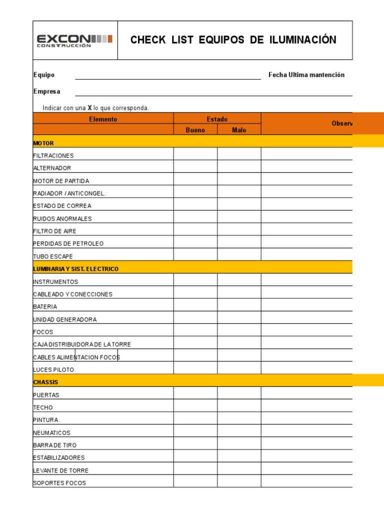 Copia de Check List Equipos de Iluminacion | PDF