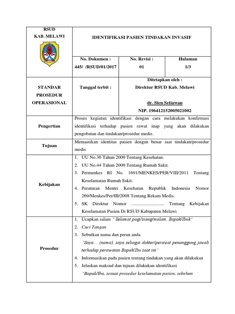 Sop Identifikasi Pasien Tindakan Invasif | PDF