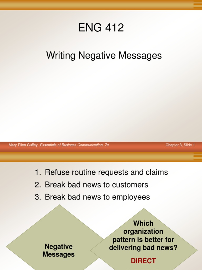 Writing Negative Messages: Chapter 8, Slide 1 Mary Ellen Guffey ...