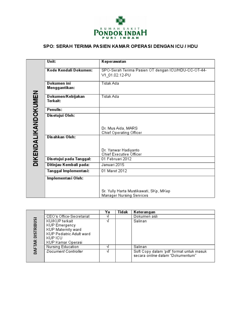 Serah Terima Pasien OT Dengan ICU Atau HDU | PDF