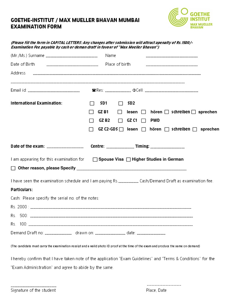 Goethe-Institut / Max Mueller Bhavan Mumbai Examination Form | Download ...