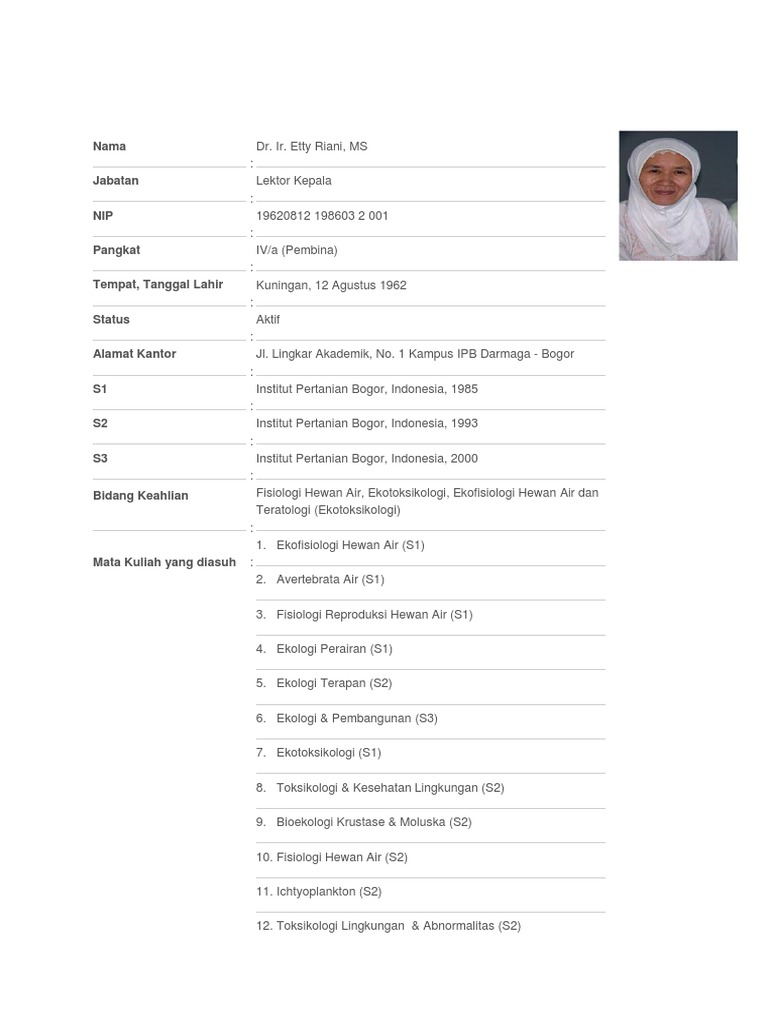 Biodata Ibu Dr. Ir. Etty Riani MS | PDF