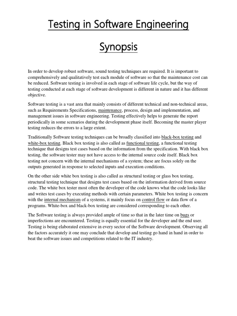Testing in Software Engineering Synopsis | PDF