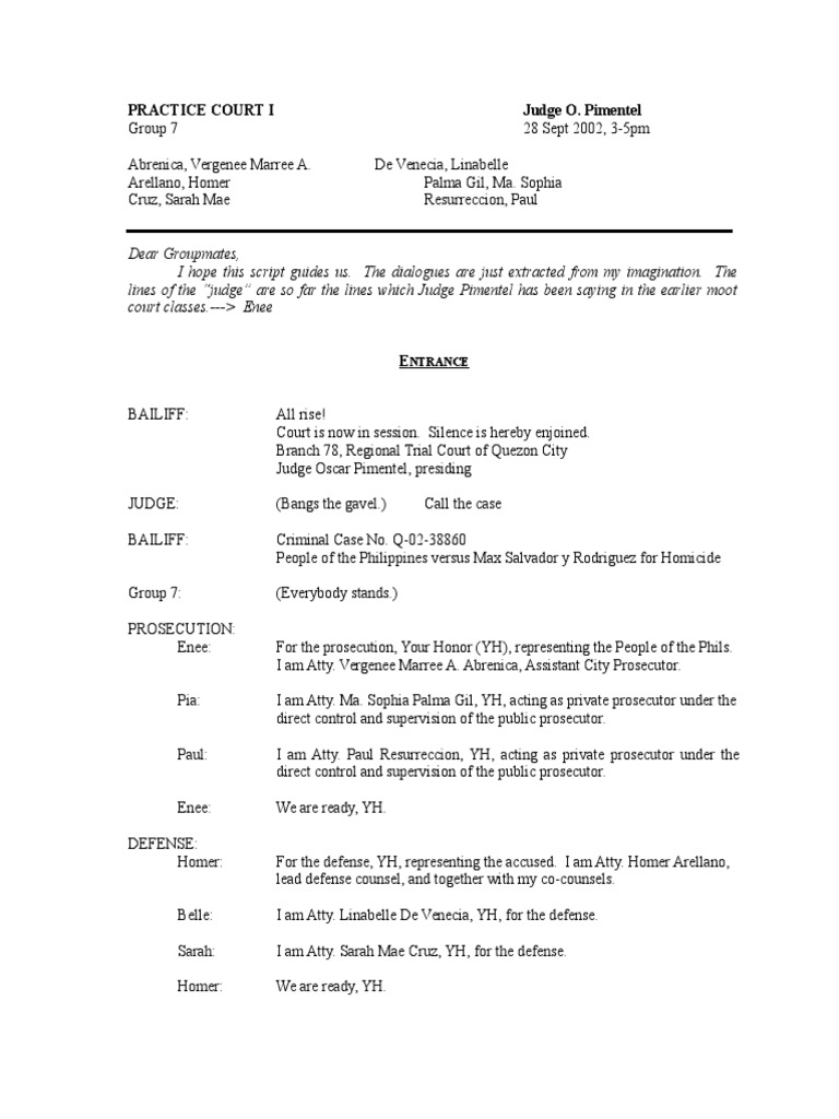 Enee S Moot Court Script | PDF | Plea | Witness