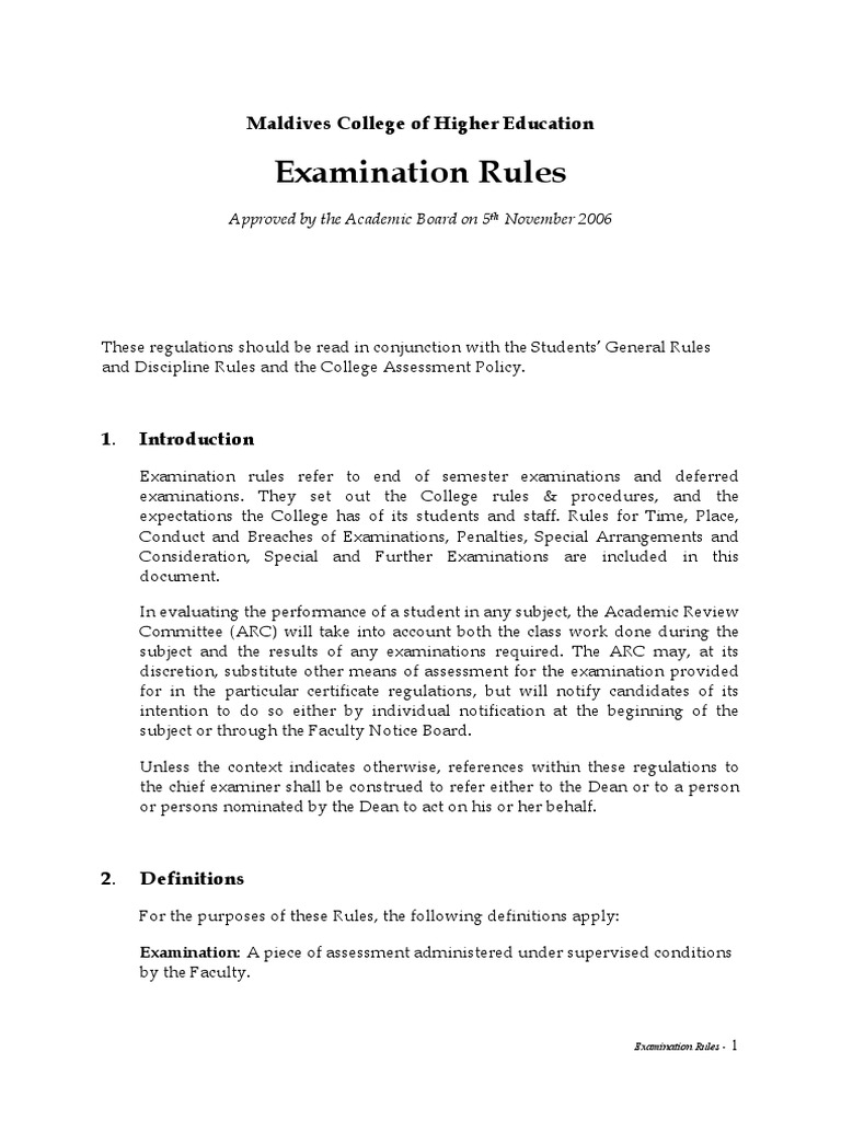 Examination Rules: Maldives College of Higher Education | PDF ...