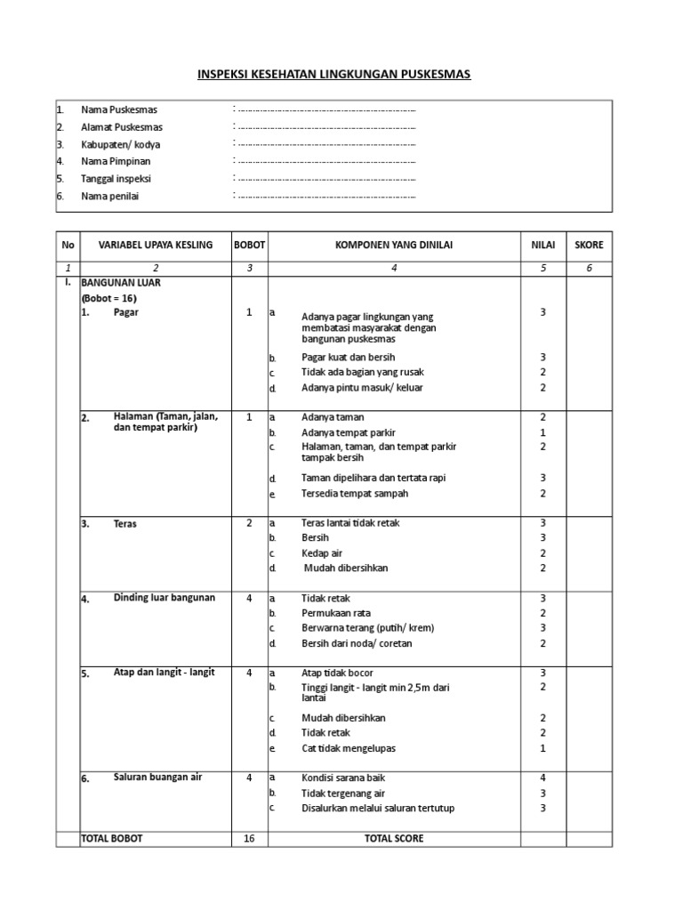 Formulir Inspeksi Kesehatan Puskesmas | PDF