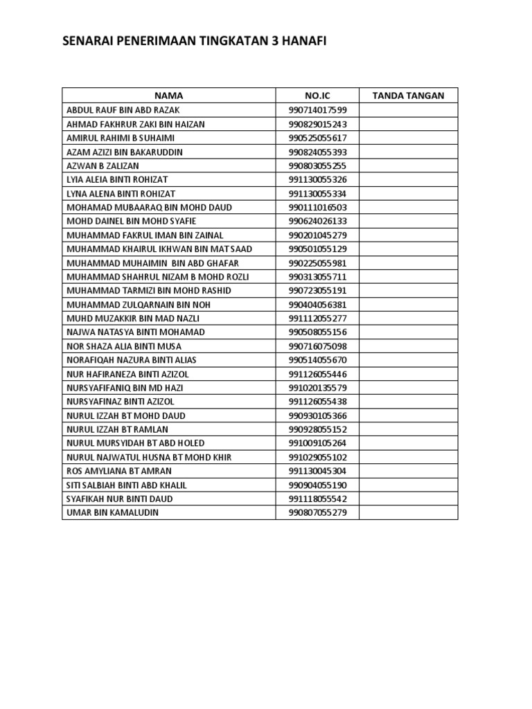 Senarai Penerimaan Tingkatan 3 Hanafi: Nama No - Ic Tanda Tangan | PDF