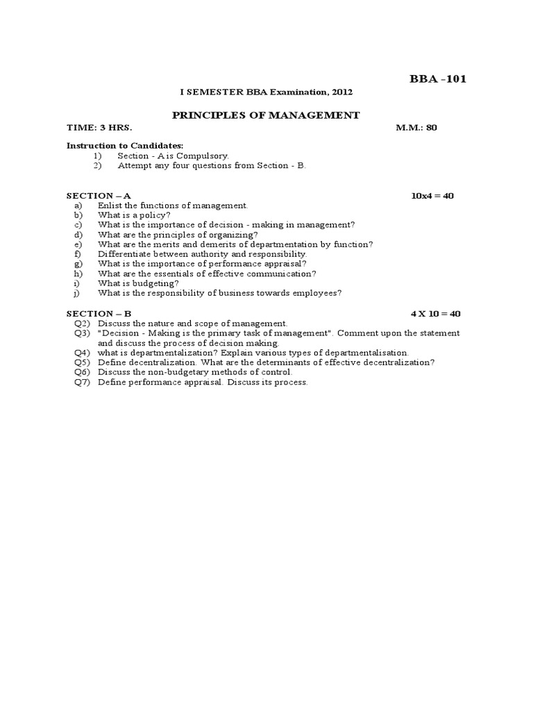 BBA Exam: Principles of Management | PDF