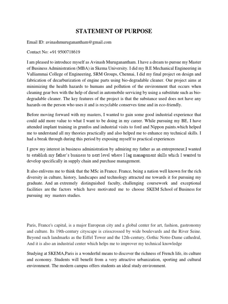 Statement of Purpose | PDF | Master Of Business Administration | France