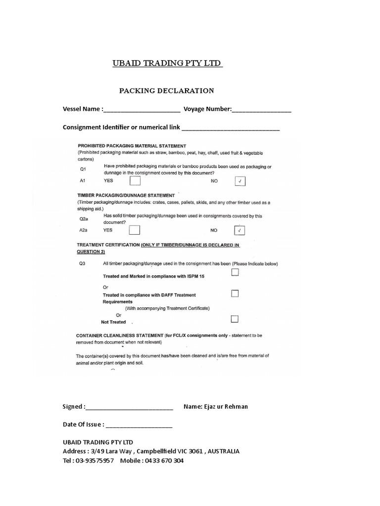 Packing Declaration | PDF