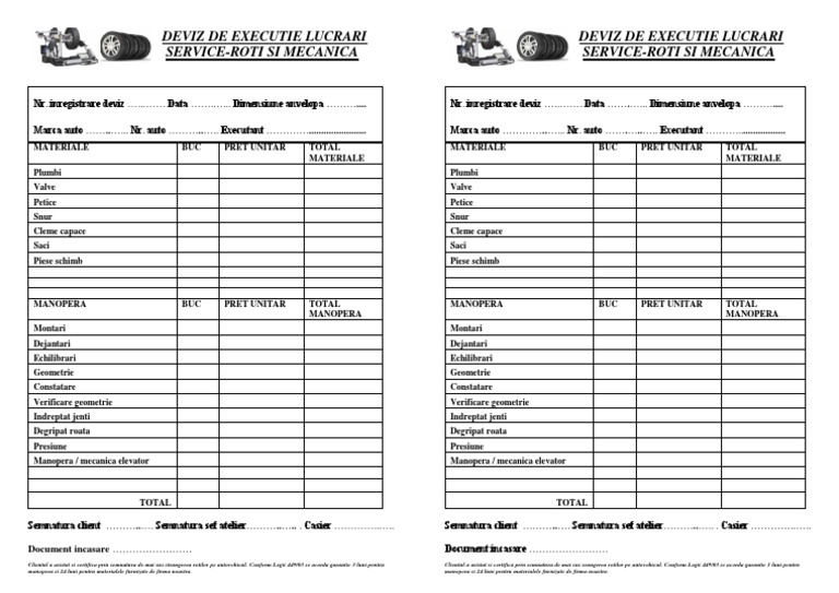 Deviz de Executie Lucrari Service Roti Si Mecanica | PDF