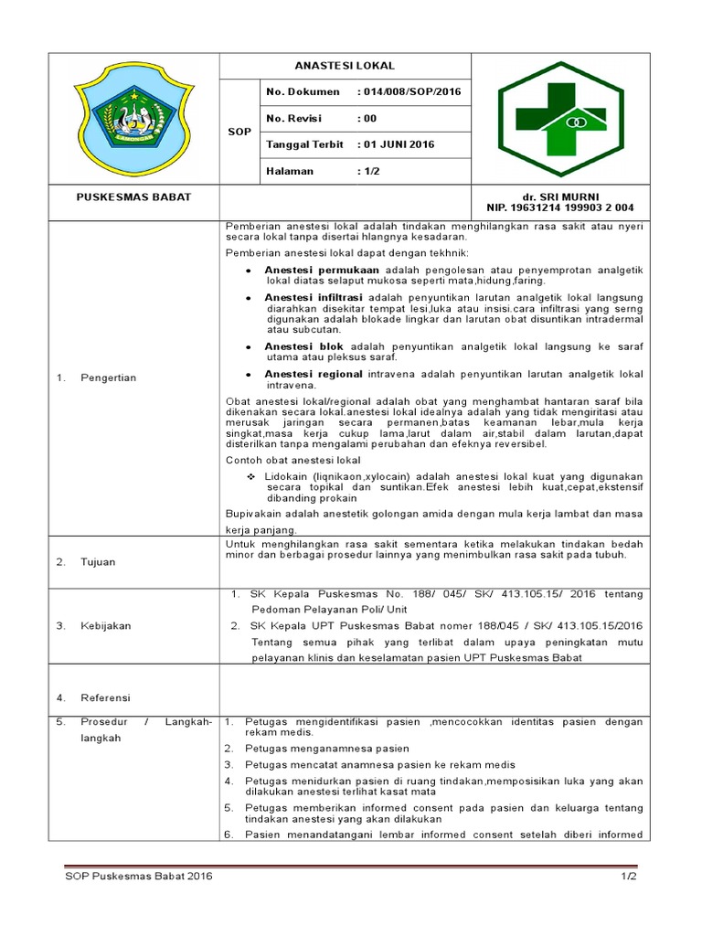 SOP Anestesi Lokal Puskesmas Babat | PDF