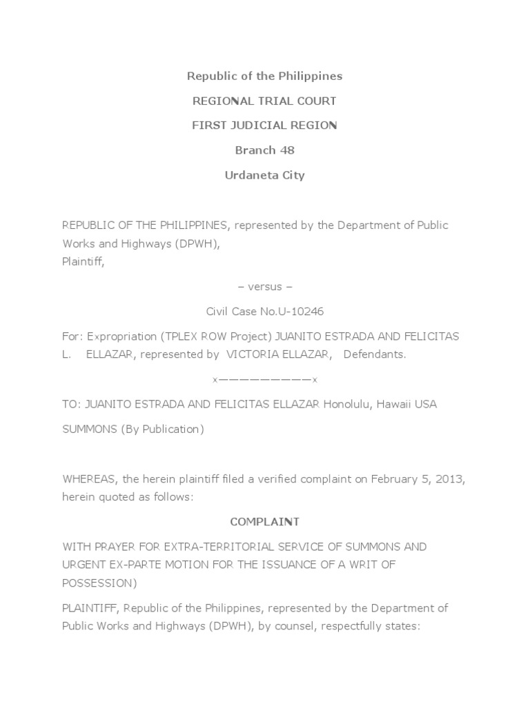 Complaint Expropriation | PDF | Eminent Domain | Summons