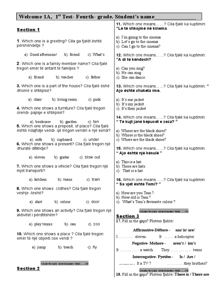 Welcome 1 1st Term Test | PDF