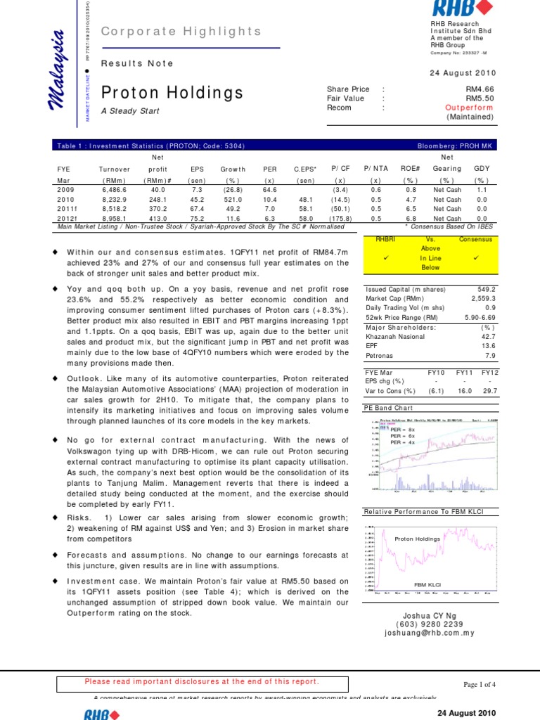 Proton Holdings Berhad: A Steady Start - 24/08/2010 | PDF | Investment ...