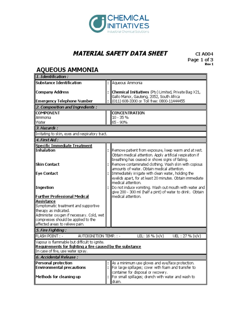 Aqueous Ammonia MSDS | PDF | Ammonia | Water