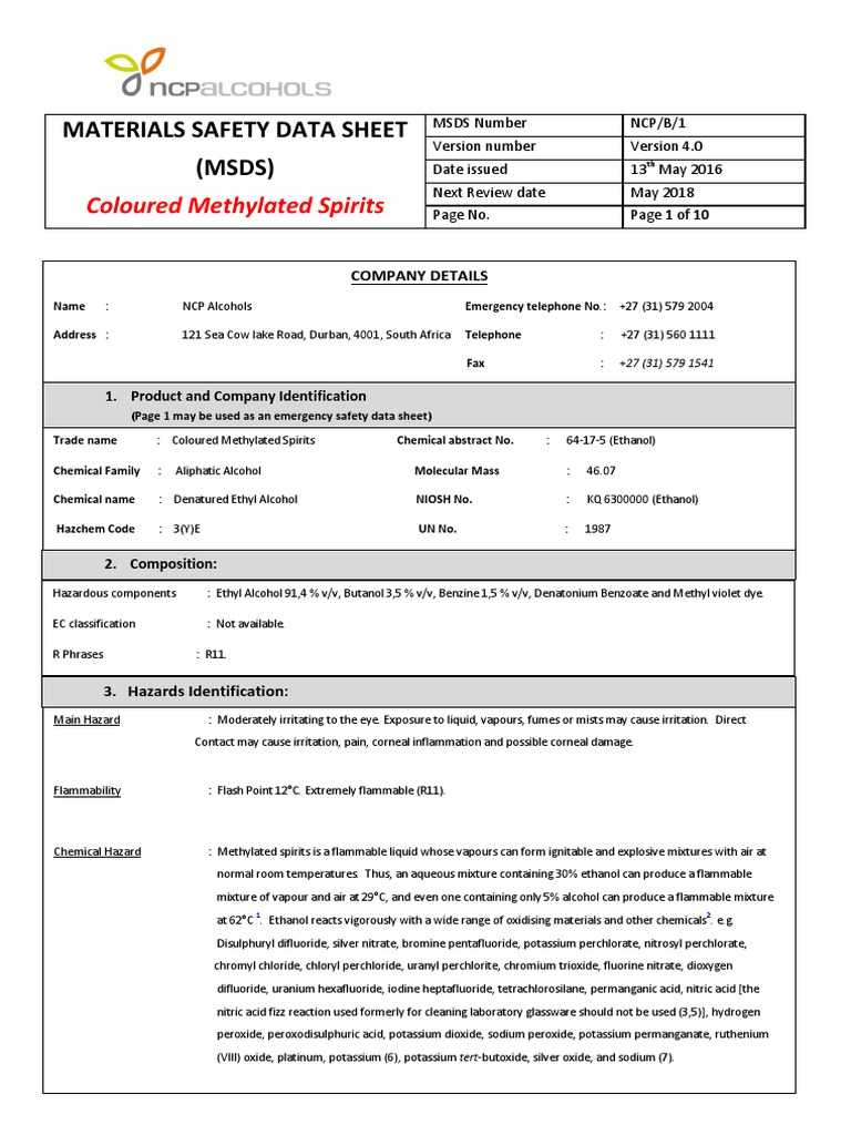 MSDS Coloured Methylated Spirits | PDF | Dangerous Goods | Ethanol