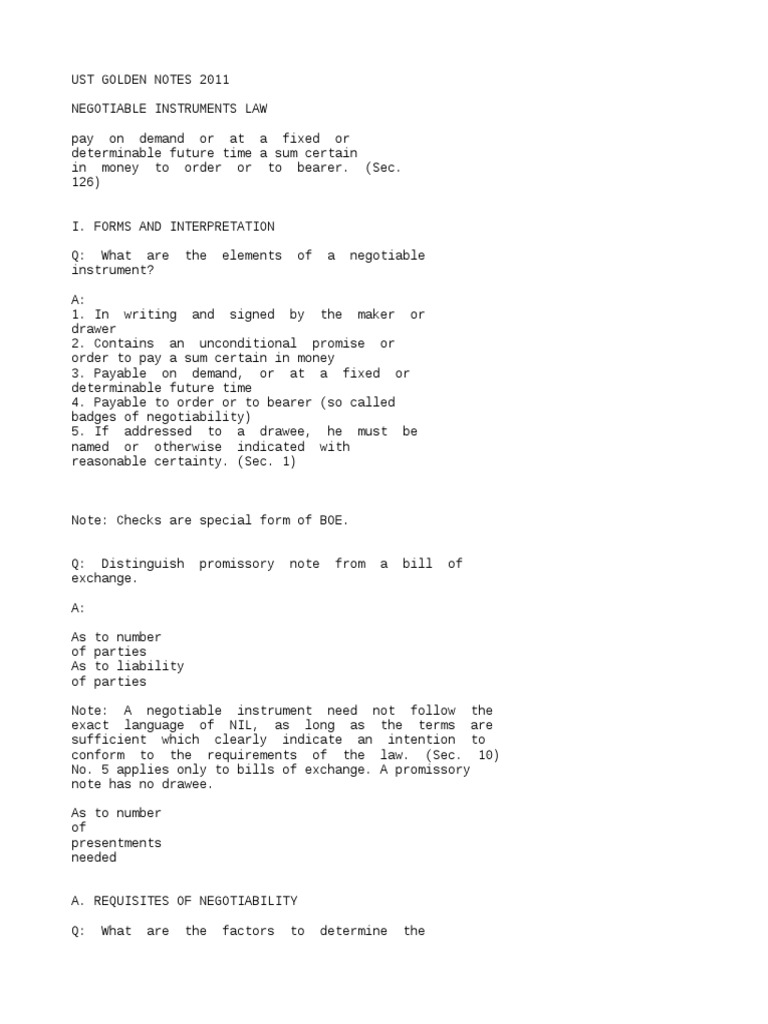 UST Golden Notes Negotiable Instruments | PDF | Negotiable Instrument ...