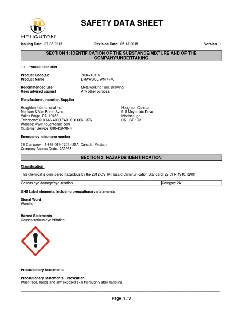 DRAWSOL WM 4740 Safety Data Sheet | PDF | Superfund | Personal ...