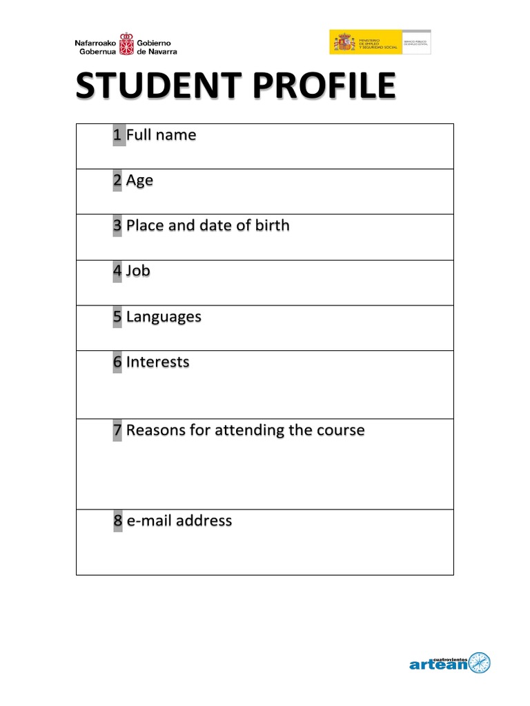 Student Profile: 1 Full Name 2 Age 3 Place and Date of Birth 4 Job 5 ...