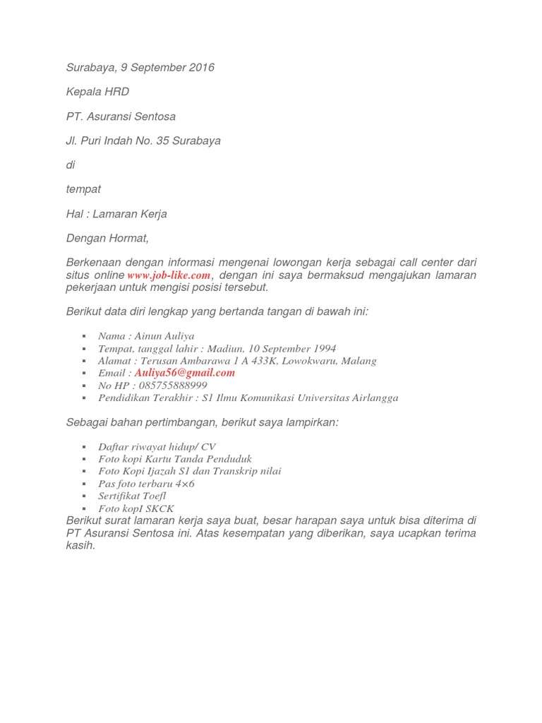 Contoh Surat Lamaran Call Center | PDF