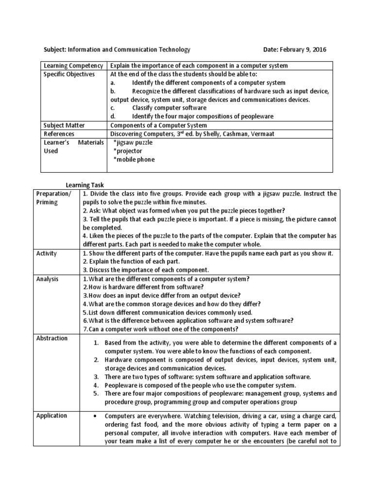 Lesson Plan Ict Computer Hardware Inputoutput 9466