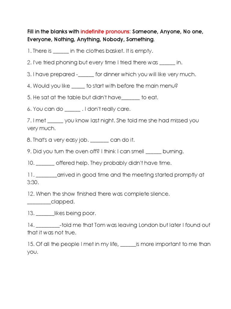 Fill in The Blanks With Indefinite Pronouns | PDF