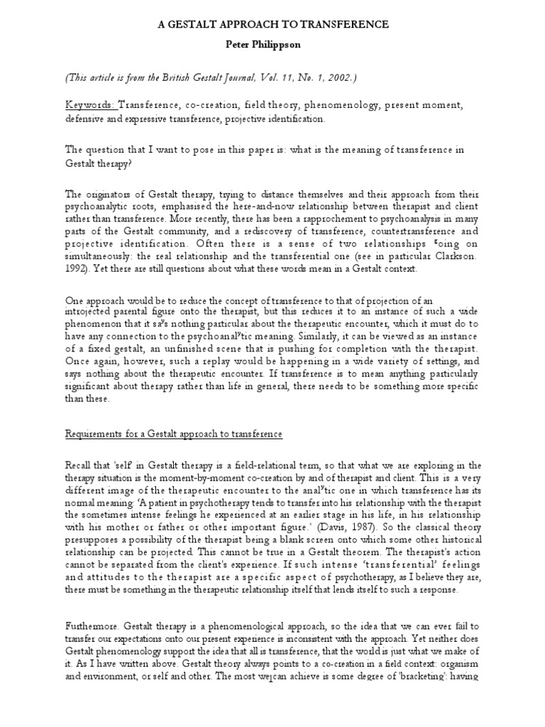 Gestalt Transference PDF | PDF | Gestalt Therapy | Psychotherapy