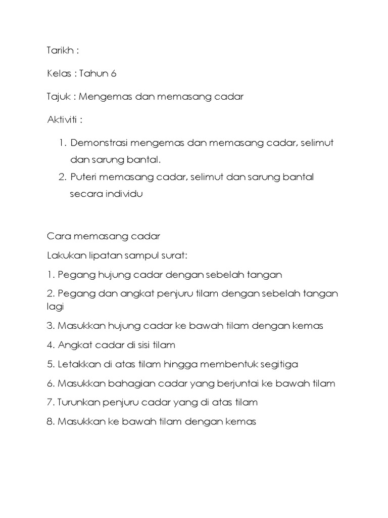 Taahun 5 - Kemahiran - Memasang Cadar | PDF