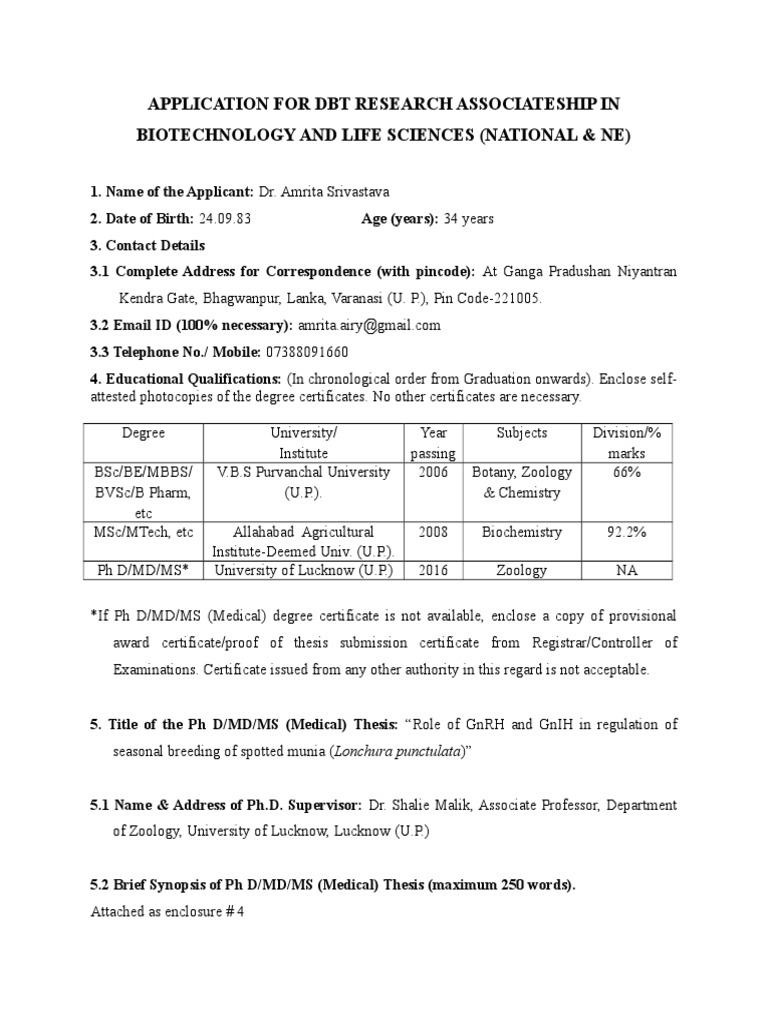 DBT RA Application Form Final (20.09.17) - Amrita | PDF | Gonadotropin ...
