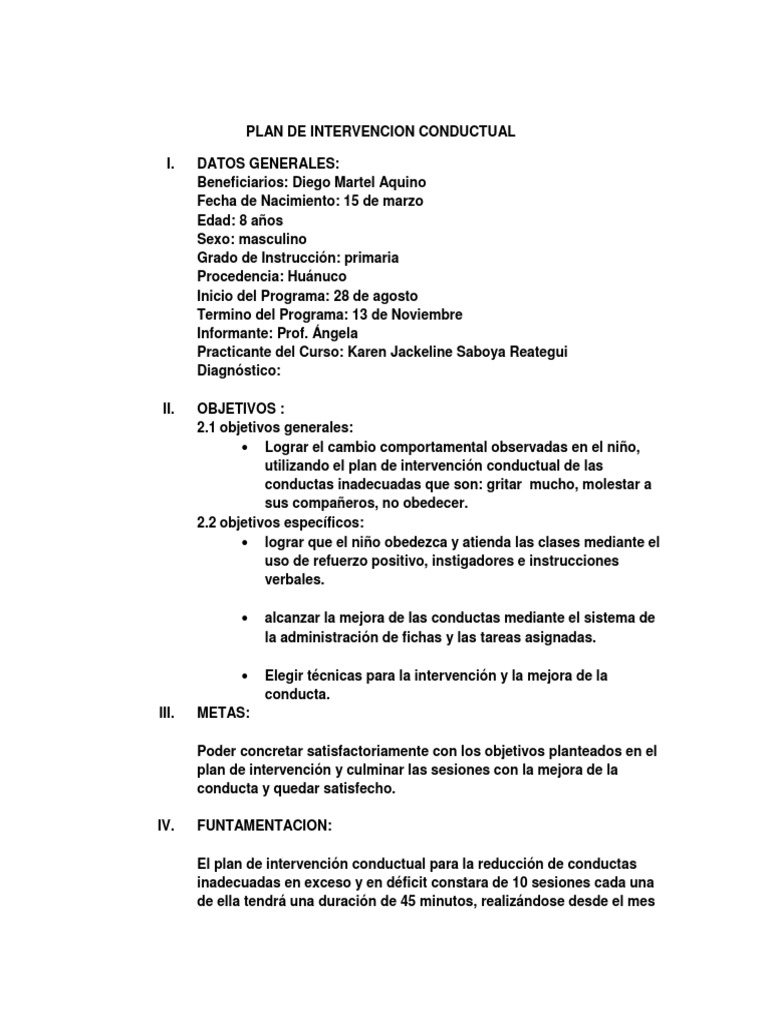 Plan de Intervencion Conductual | Comportamiento | Psicología