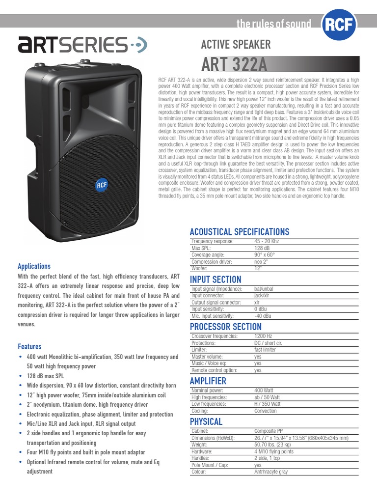 RCF ART 322A Active Speaker Specs | PDF | Loudspeaker | Microphone
