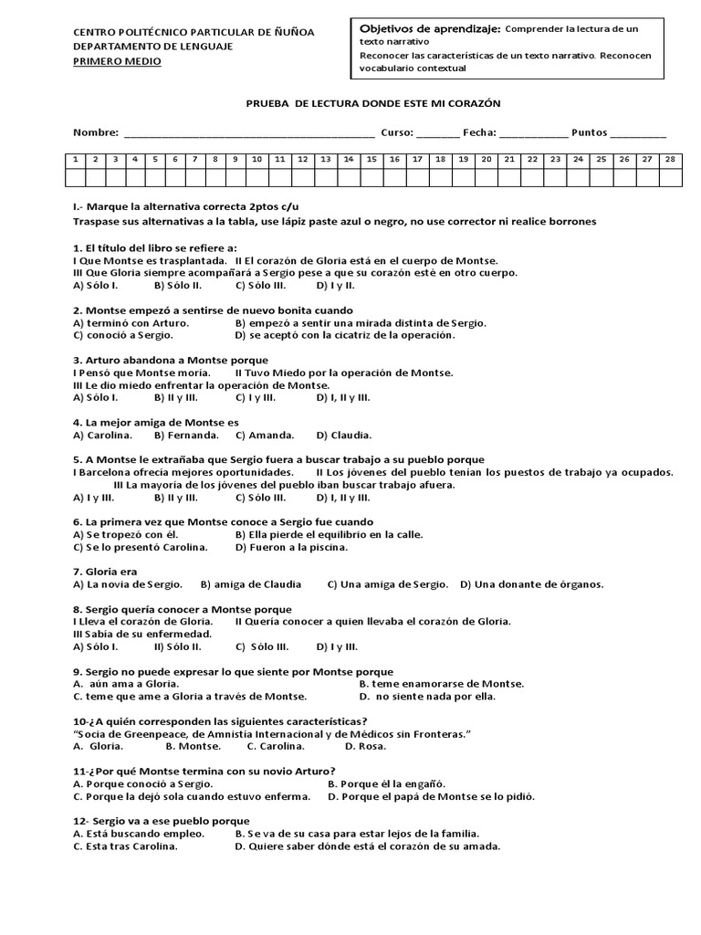 Prueba de Comprensión Lectora: Donde Esté Mi Corazón | PDF | Narración